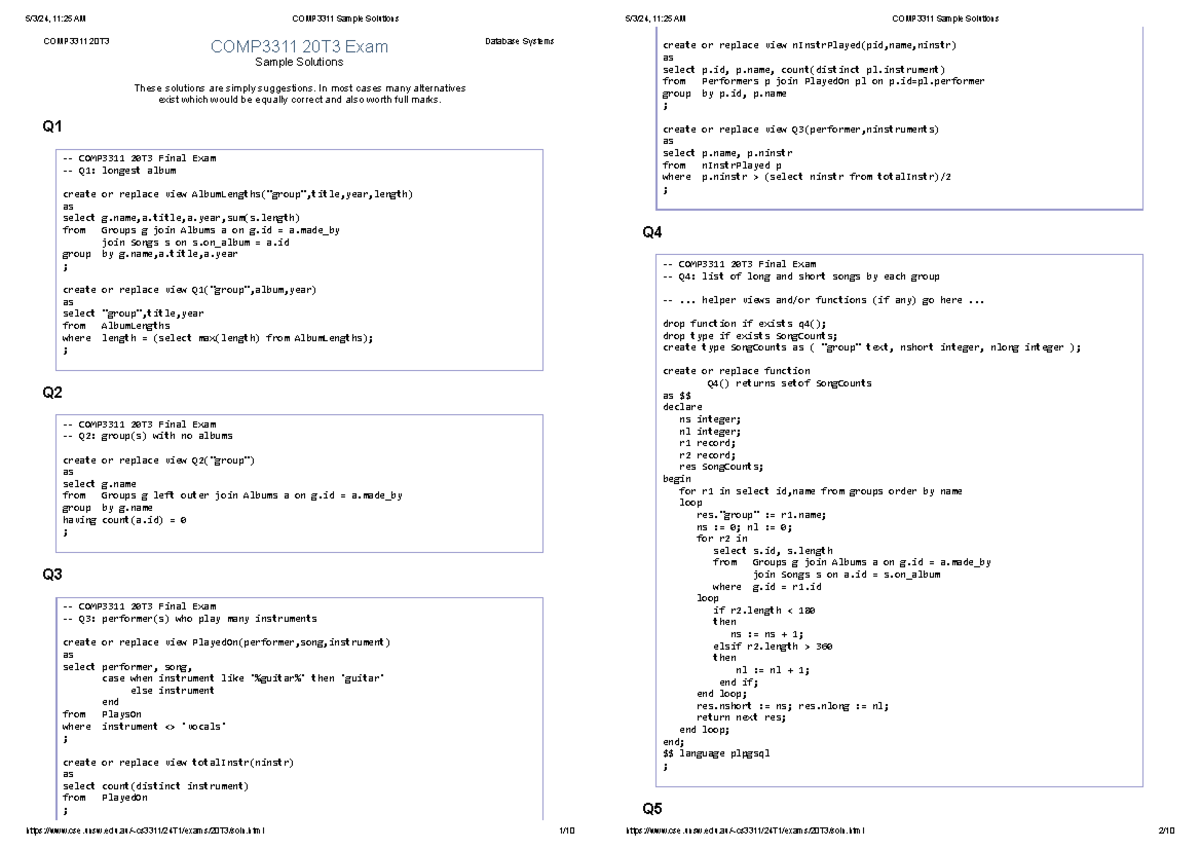 COMP3311 20T3 Final Exam Sample Solutions and Queries - Studocu
