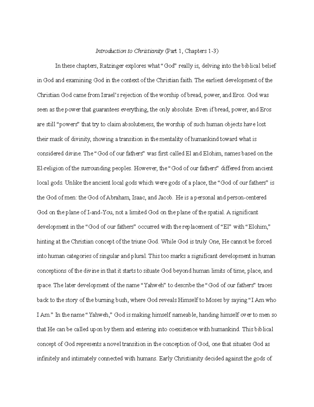 Introduction to Christianity Summary Paper: Insights from Ch 1-3 - Studocu