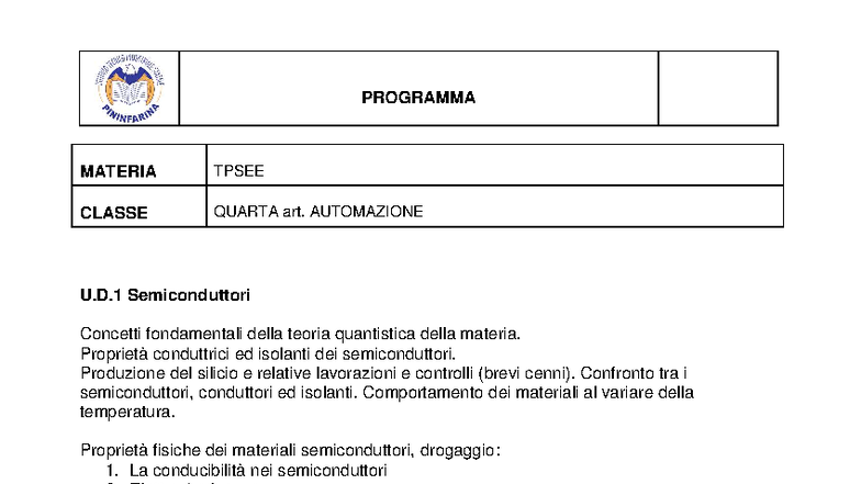 Programma TPSEE Classe Quarta: Semiconduttori e Dispositivi Elettronici ...