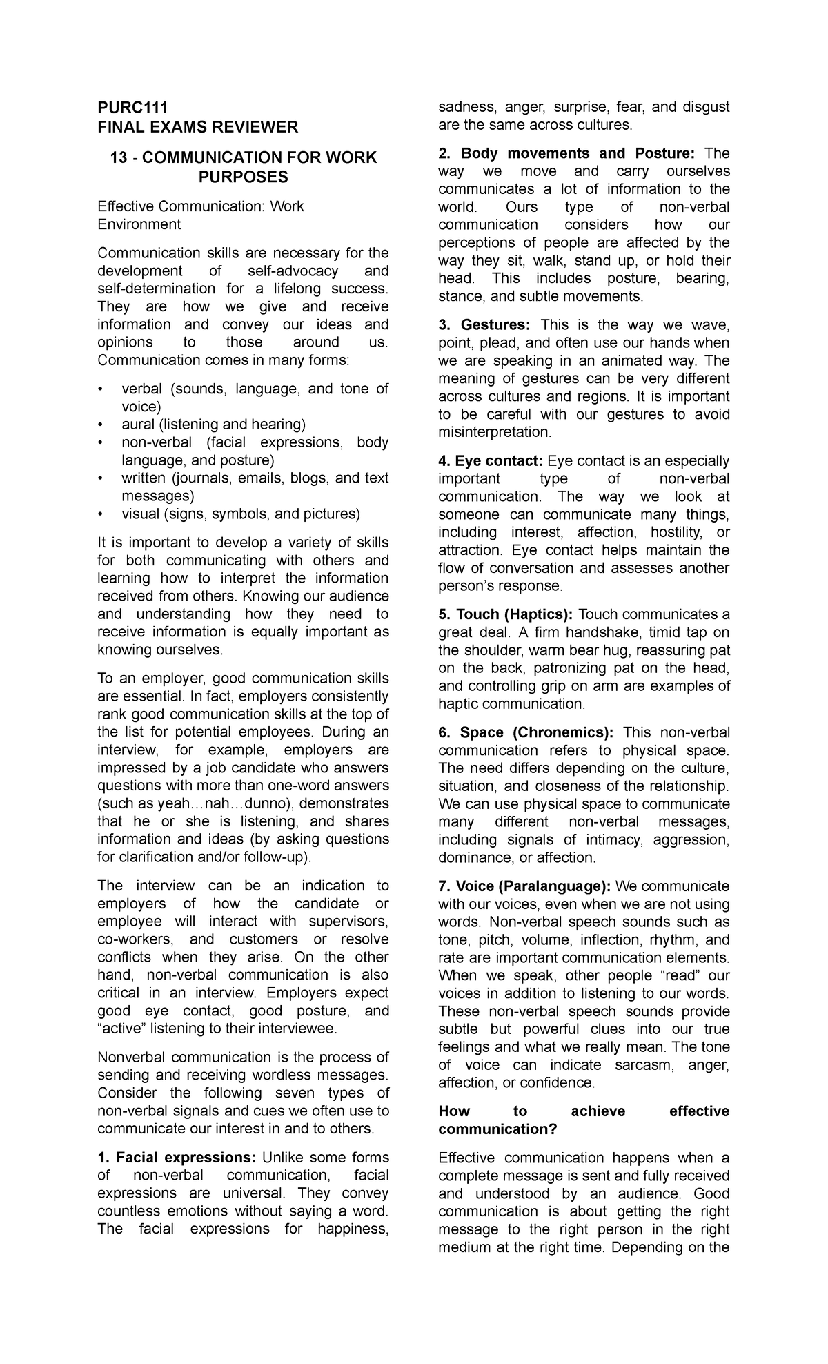 Final Exam Reviewer for Communication Purposes - PURC111 - Studocu