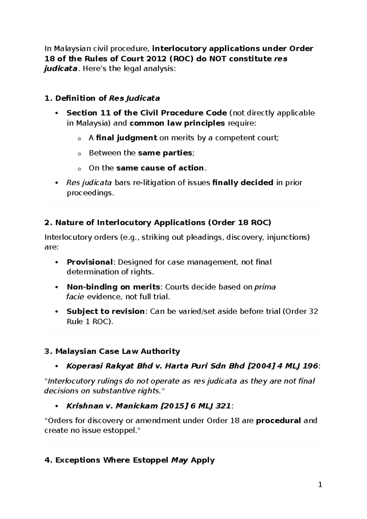 Interlocutory Applications & Res Judicata in Malaysian Civil Procedure ...