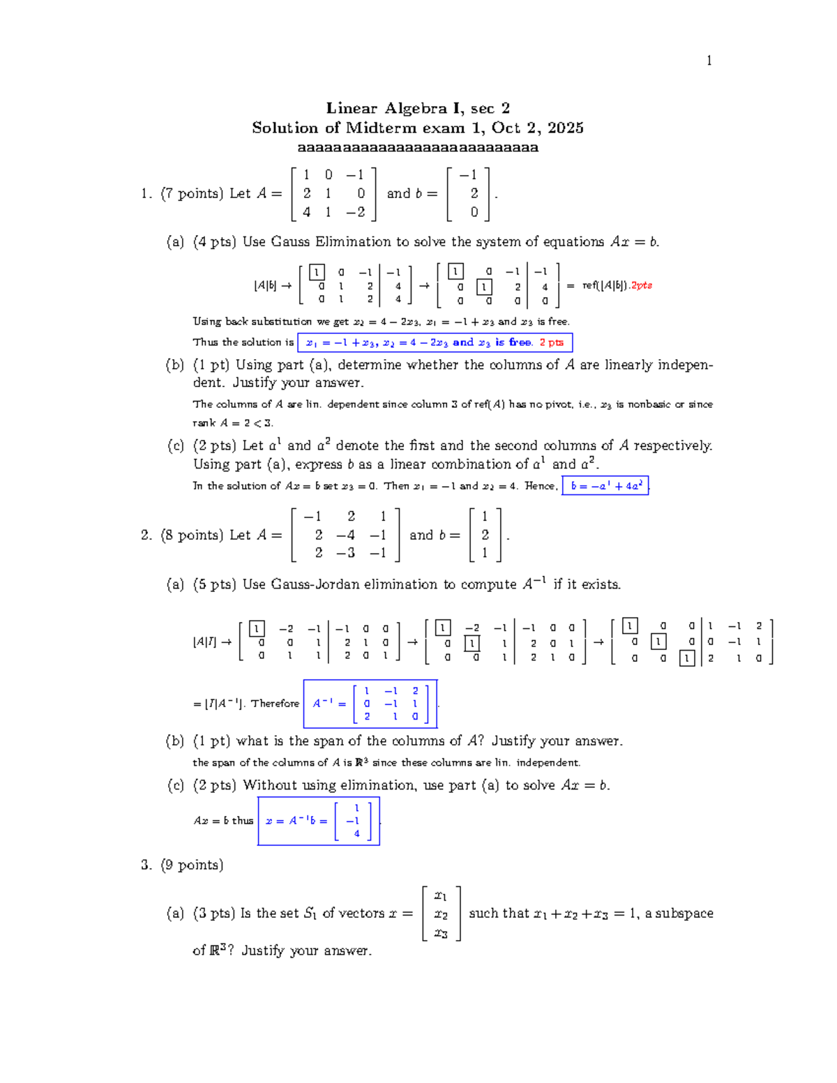 Linear Algebra I, sec 2: Midterm Exam 1 Solutions (Oct 2, 2025) - Studocu