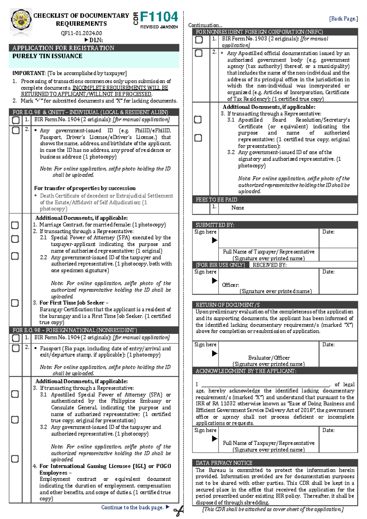 2024 BIR CDR F110 4 Documentary Requirements Checklist - Studocu
