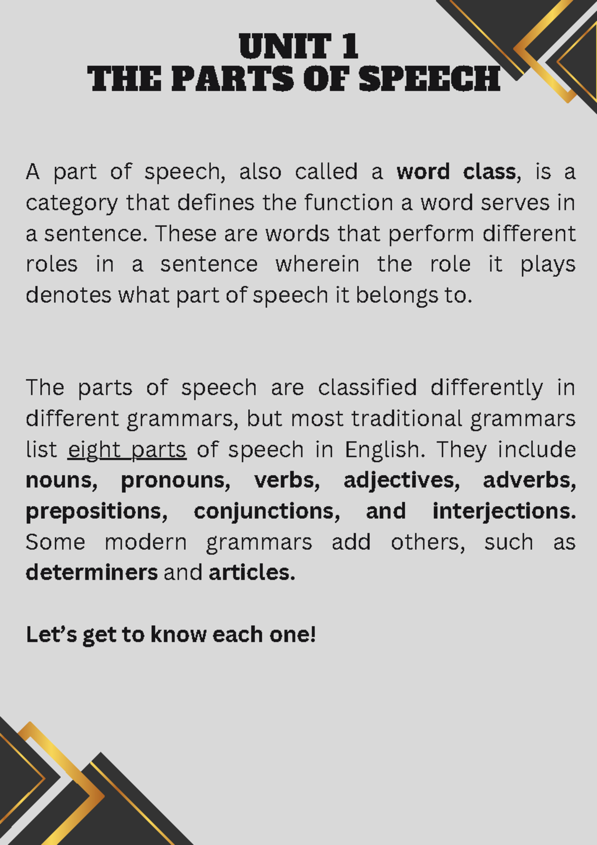Unit 1: Exploring the Essential Parts of Speech in English - Studocu