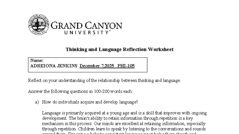 PHI105 - Thinking and Language Reflection Worksheet - Studocu