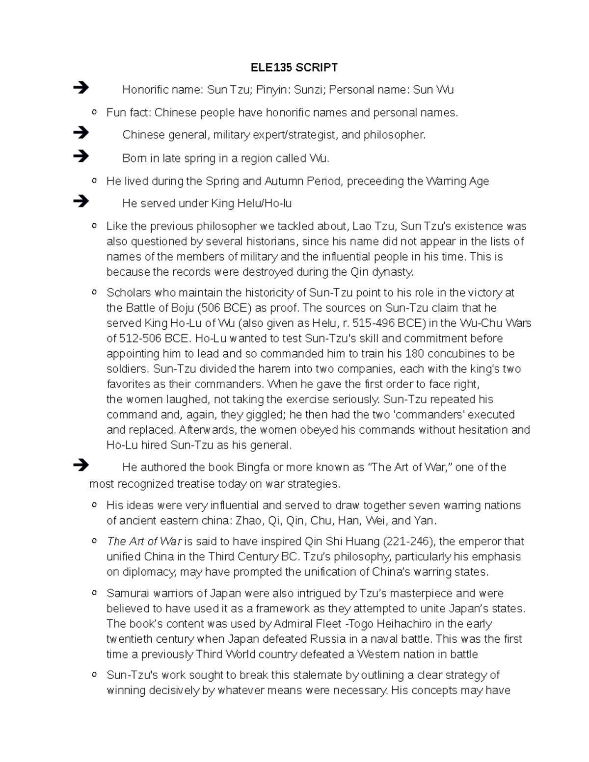 SUN TZU Script - All about Sun Tzu - ELE135 SCRIPT Honorific name: Sun ...
