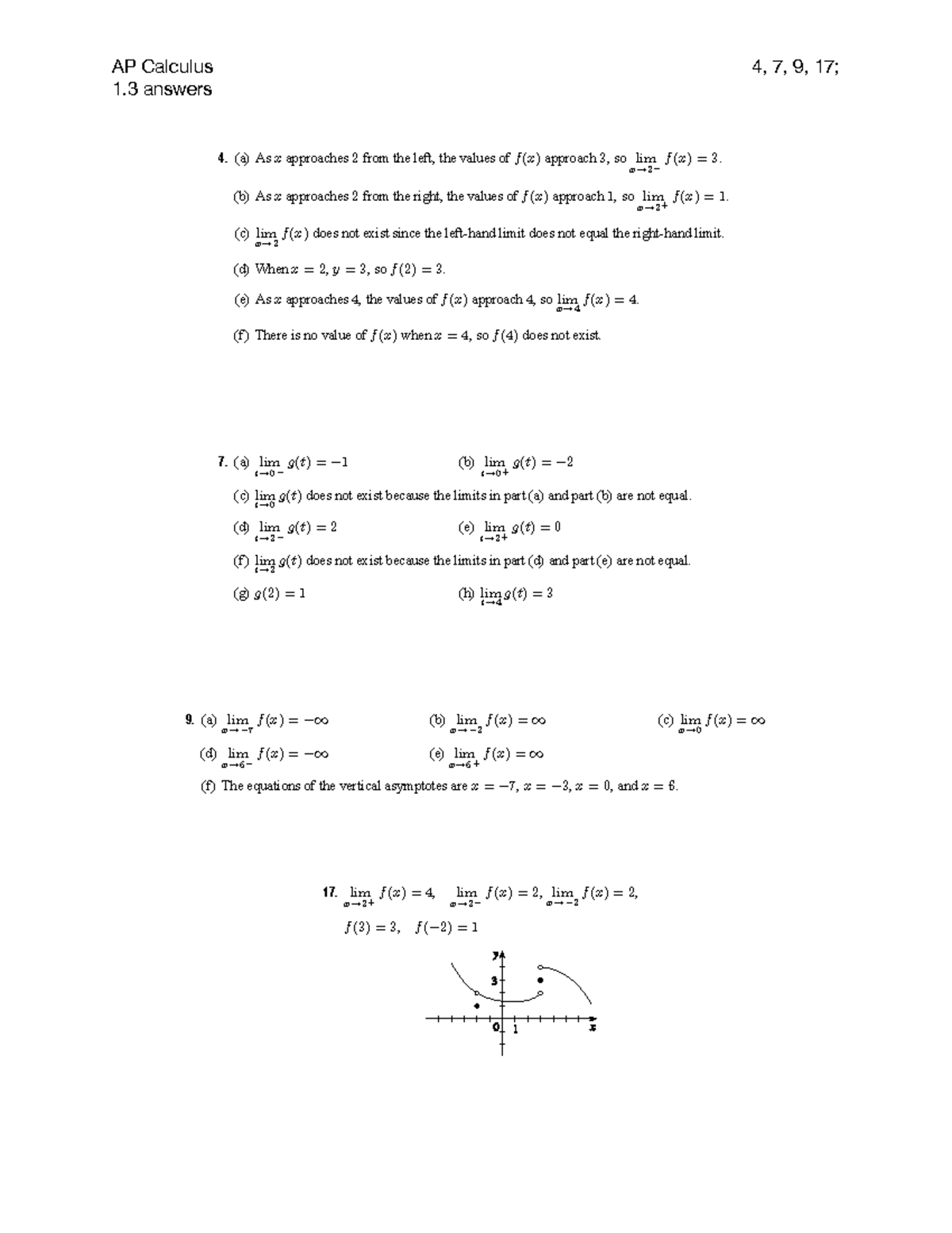 AP Calculus 1.3 Limit Answers and Explanations - Studocu