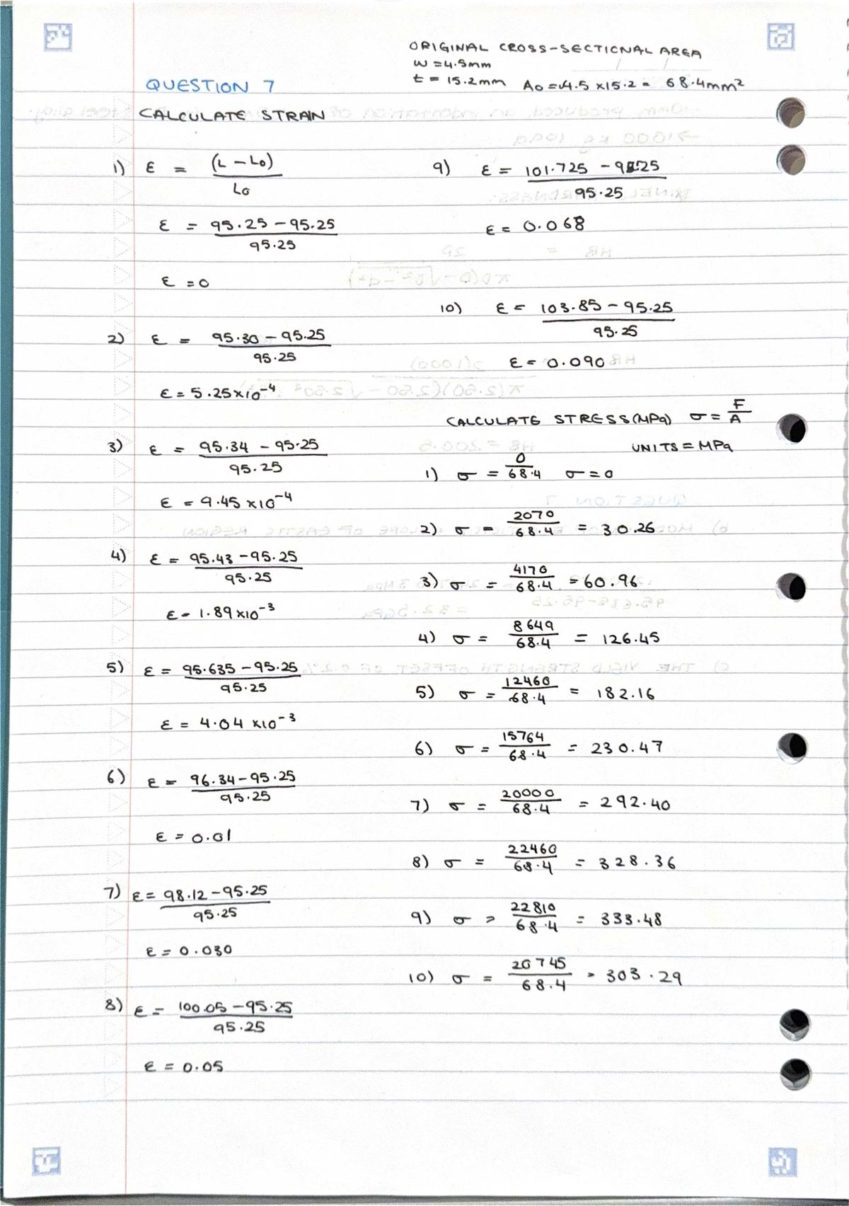 Engineering Stress and Strain Calculations for Question 7 (Mobius 1 ...