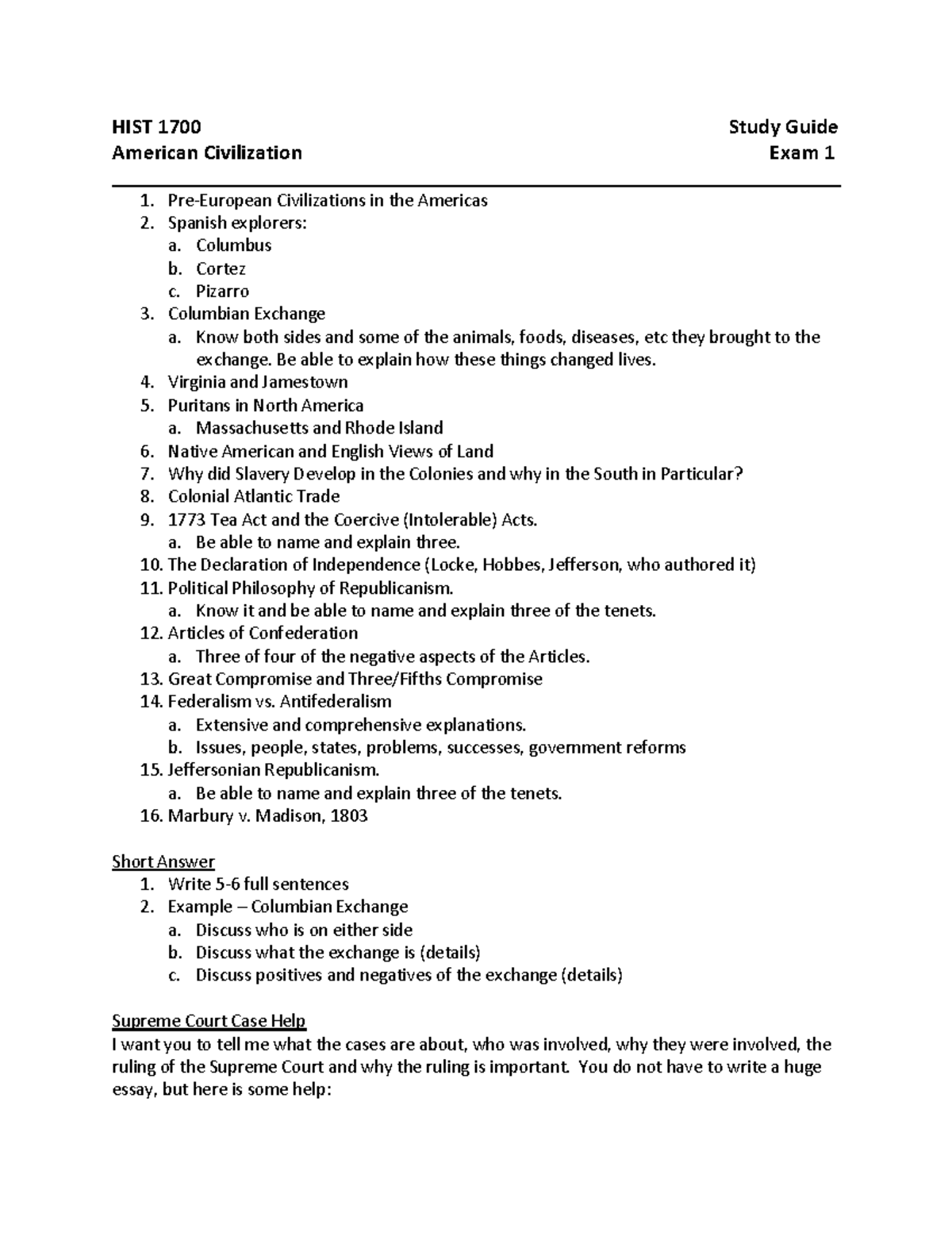 HIST 1700 American Civilization Exam 1 Study Guide - Studocu