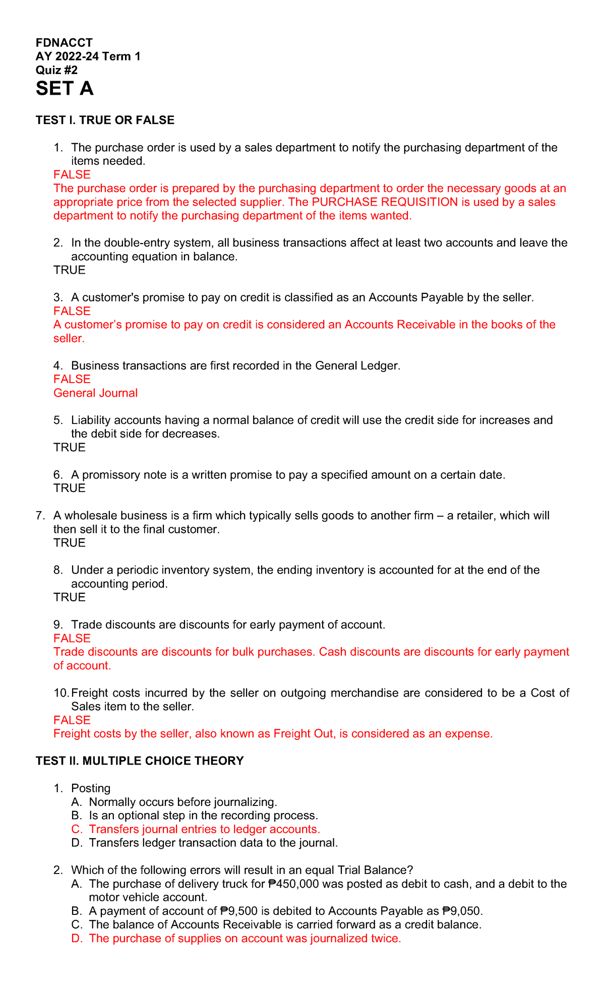FDNACCT Quiz #2 Answer Key Set A - Comprehensive Review - Studocu
