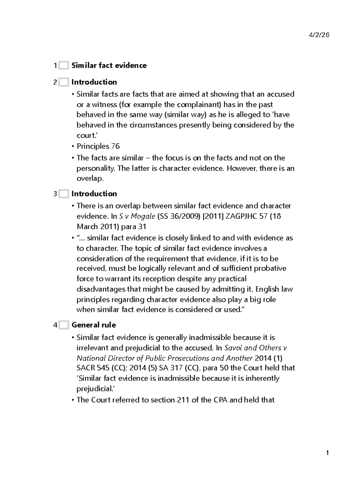 Similar Fact Evidence: Principles and Admissibility (LAW 101) - Studocu