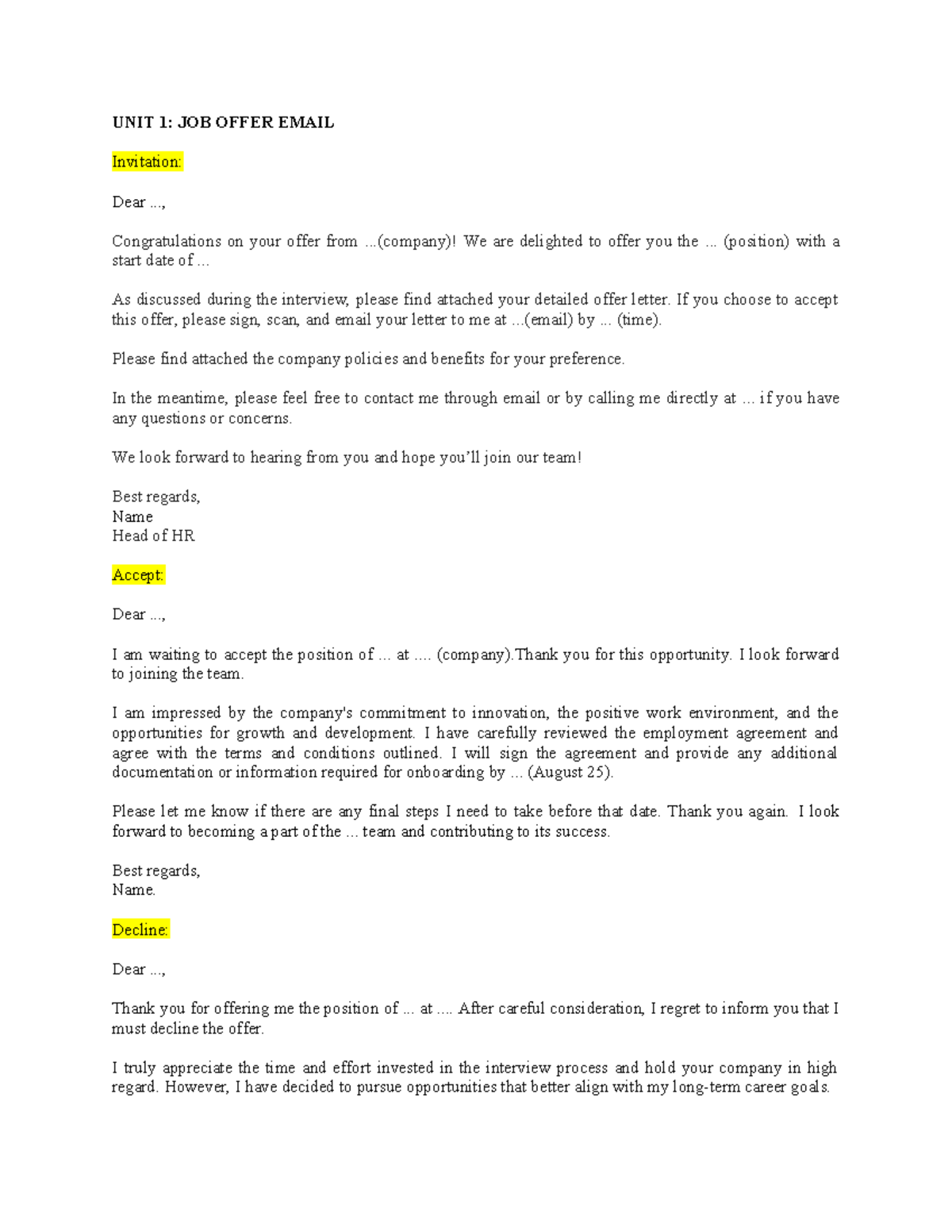 UNIT 1-5: Job Offer, Inquiry, and Invitation Letters Guide - Studocu