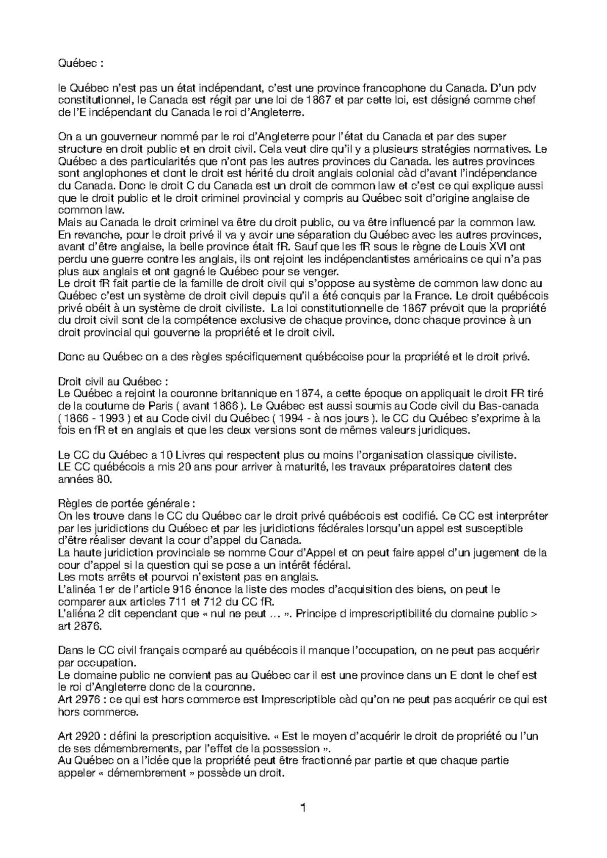Droit québécois : Analyse des spécificités et du Code civil - CM L3 ...