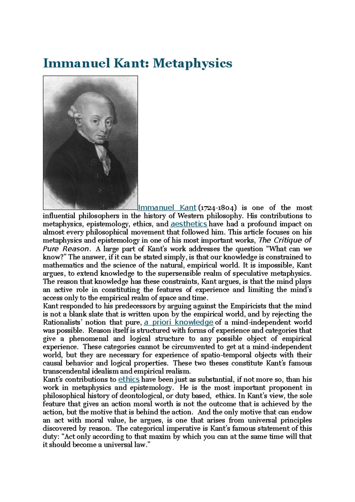 Kant's Metaphysics: Understanding His Transcendental Idealism - Studocu