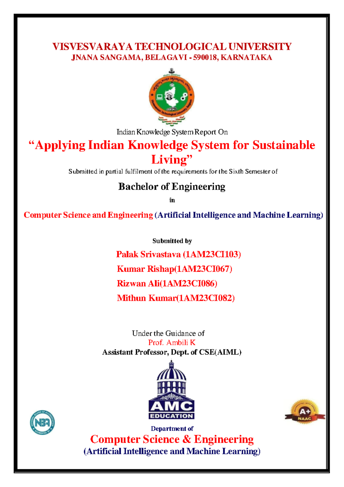 Indian Knowledge System Report for Sustainable Living (CSE 6th Sem ...