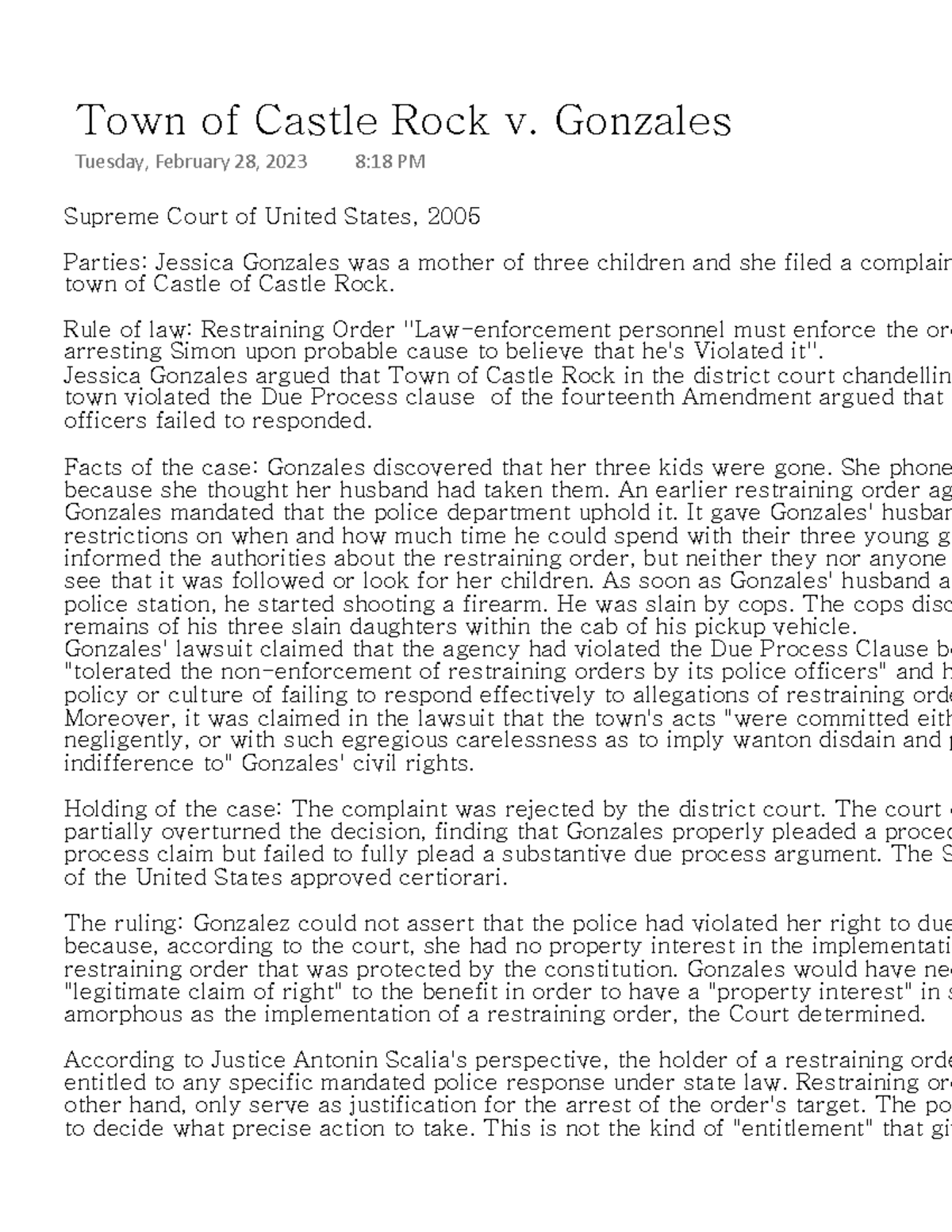 Case Study: Town of Castle Rock v. Gonzales - Due Process Analysis ...