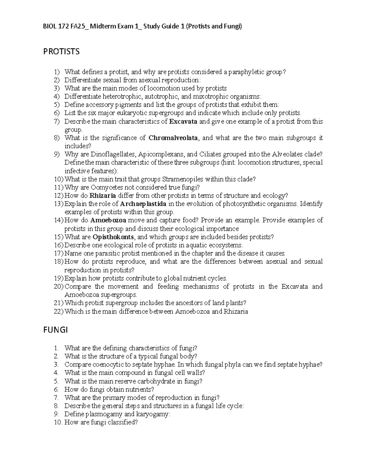 BIOL 172 FA25 - Midterm Exam 1 Study Guide: Protists & Fungi - Studocu
