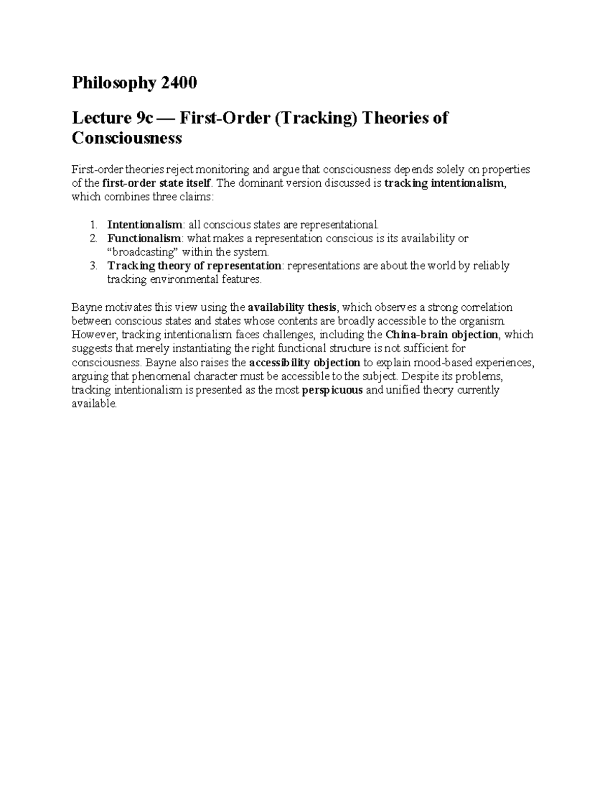 Philosophy 2400 Lecture 9c Summary: Theories of Consciousness - Studocu