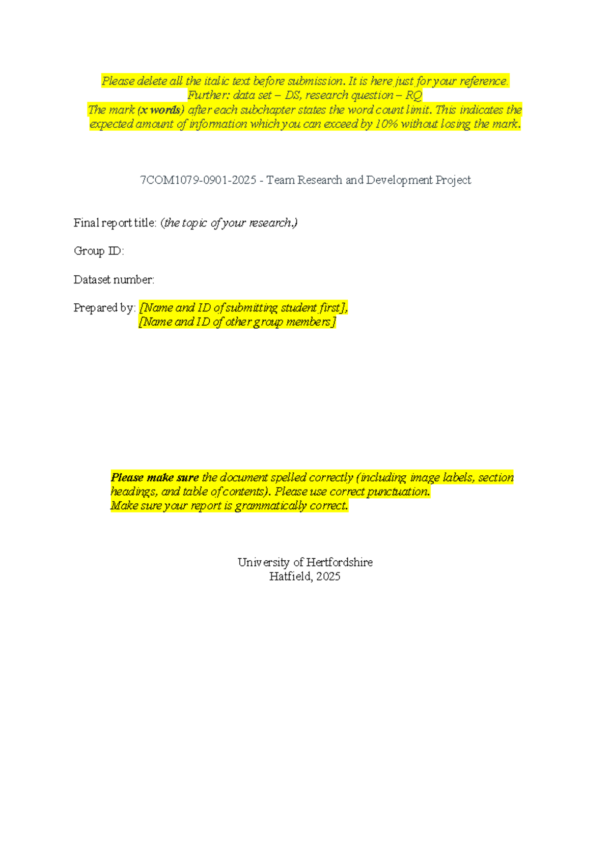 7COM1079 Final Report Template for Research Project - Studocu