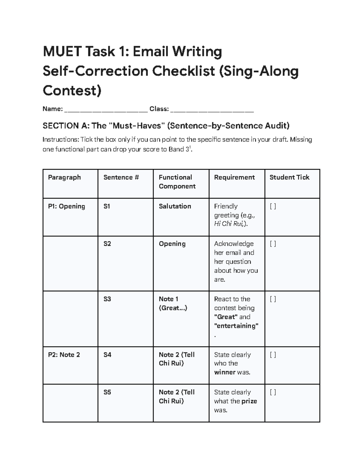 MUET Task 1: Email Writing Checklist for Sing-Along Contest - Studocu