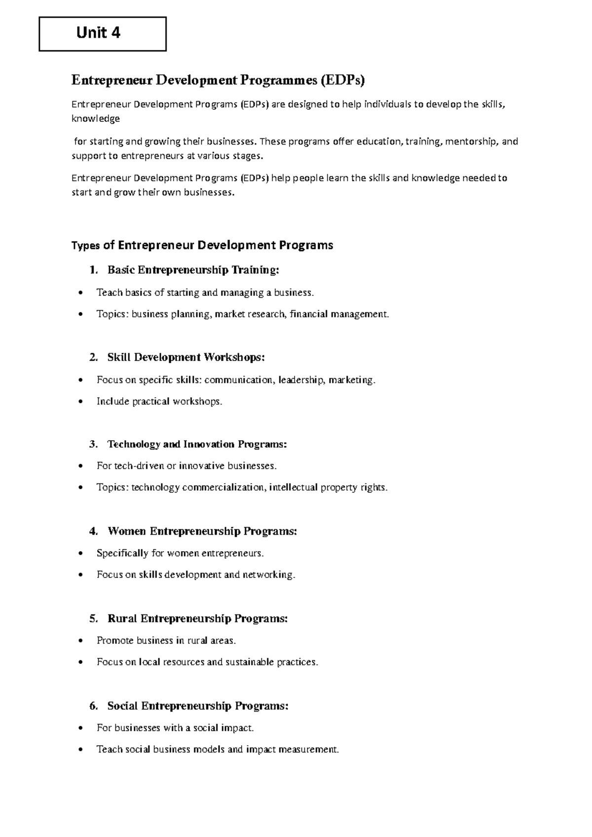Unit 4: Entrepreneur Development Programs Overview and History - Studocu