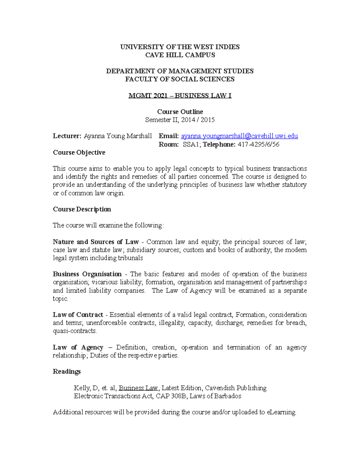 Course outline for business law - UNIVERSITY OF THE WEST INDIES CAVE ...