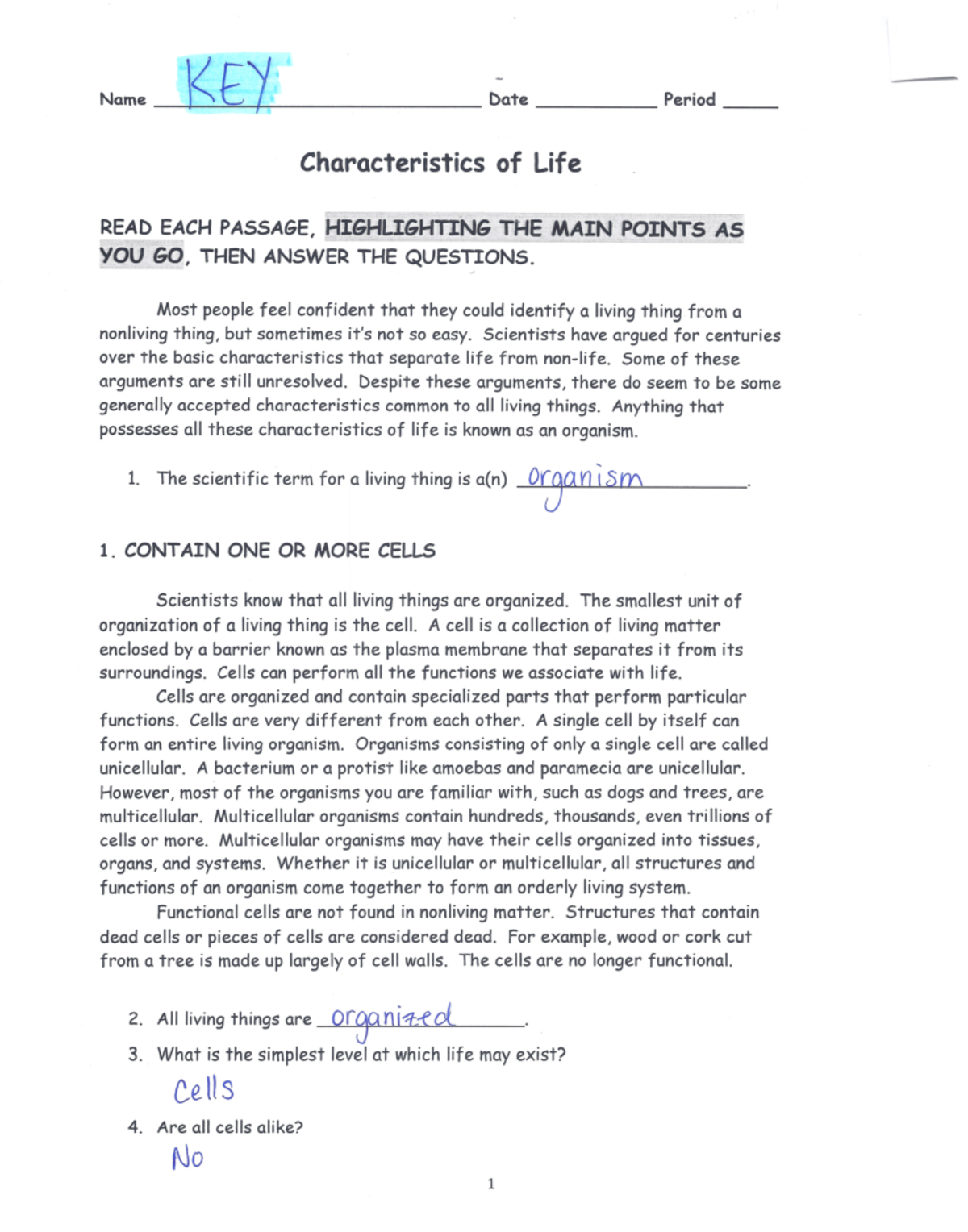Characteristics of Life Answer Key: Essential Concepts and Examples ...