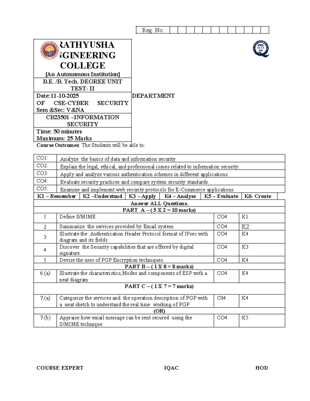 Info Sec UNIT TEST 2 Set 1 QP - CB23501 - Studocu