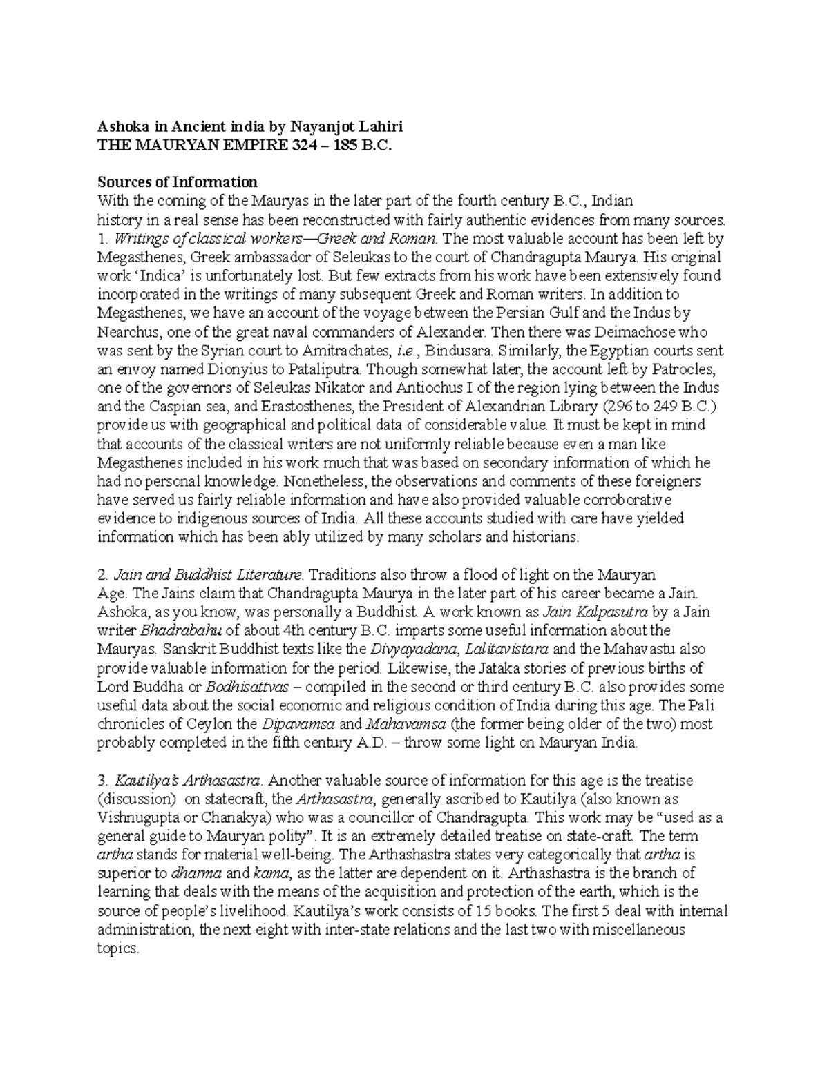 The Mauryan Empire (324-185 B.C.): Sources and Insights on Ashoka - Studocu