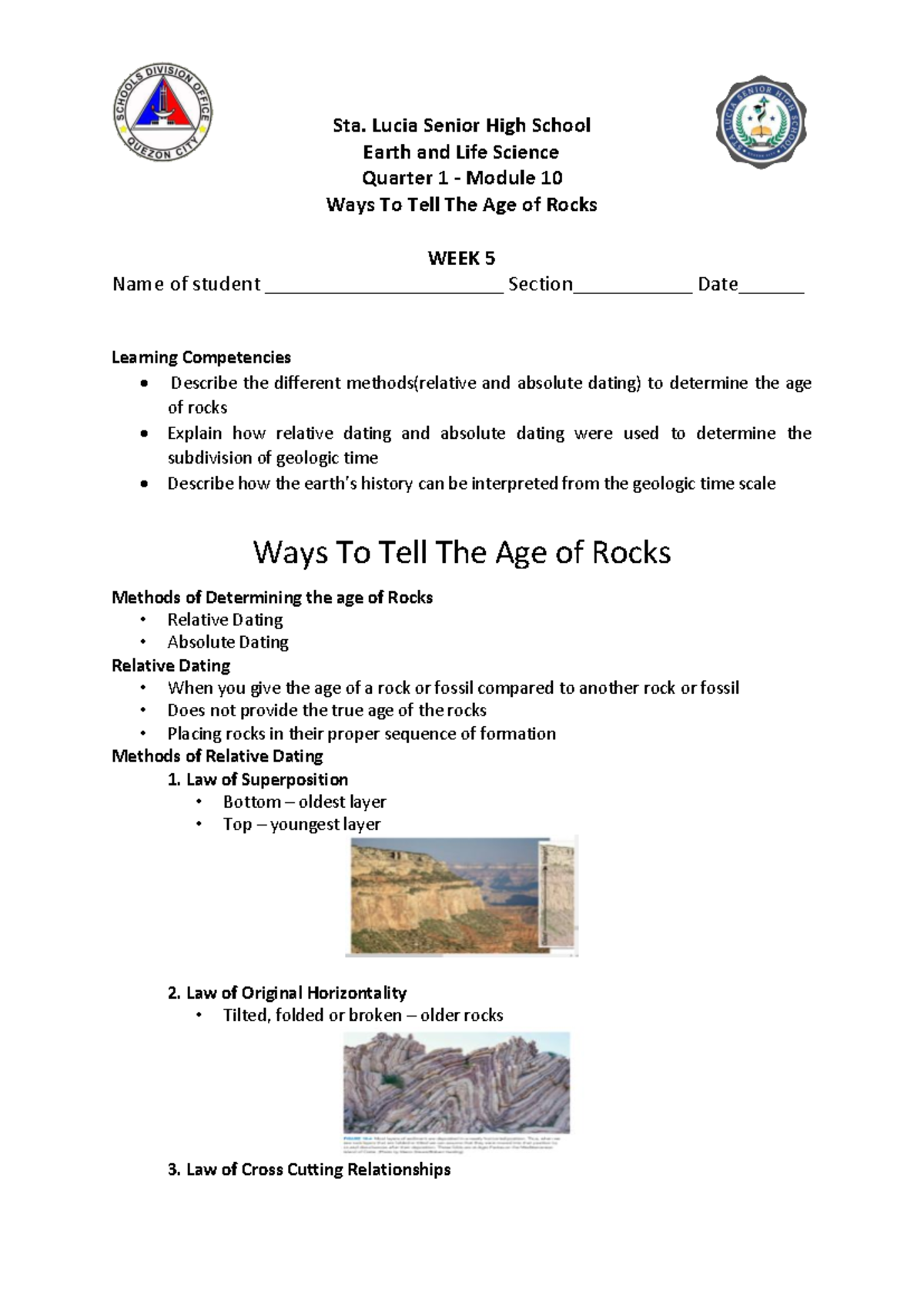Earth and Life Science Q1 Module 10: Methods of Rock Dating - Studocu