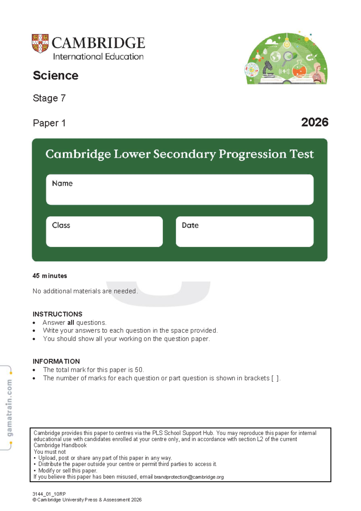 Science Stage 7 Paper 1 - 2026 Assessment (45 min) - Studocu