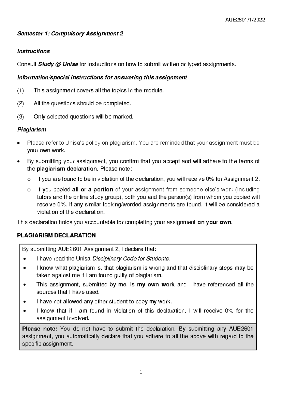 Assignment 2 for Semester 1 of 2022 AUE2601 - Semester 1: Compulsory Assignment 2 Instructions ...
