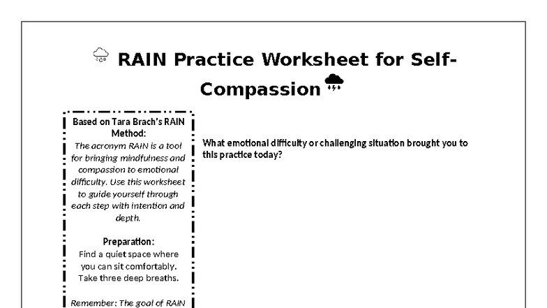 RAIN Self-Compassion Practice Worksheet: Mindfulness Guide - Studocu