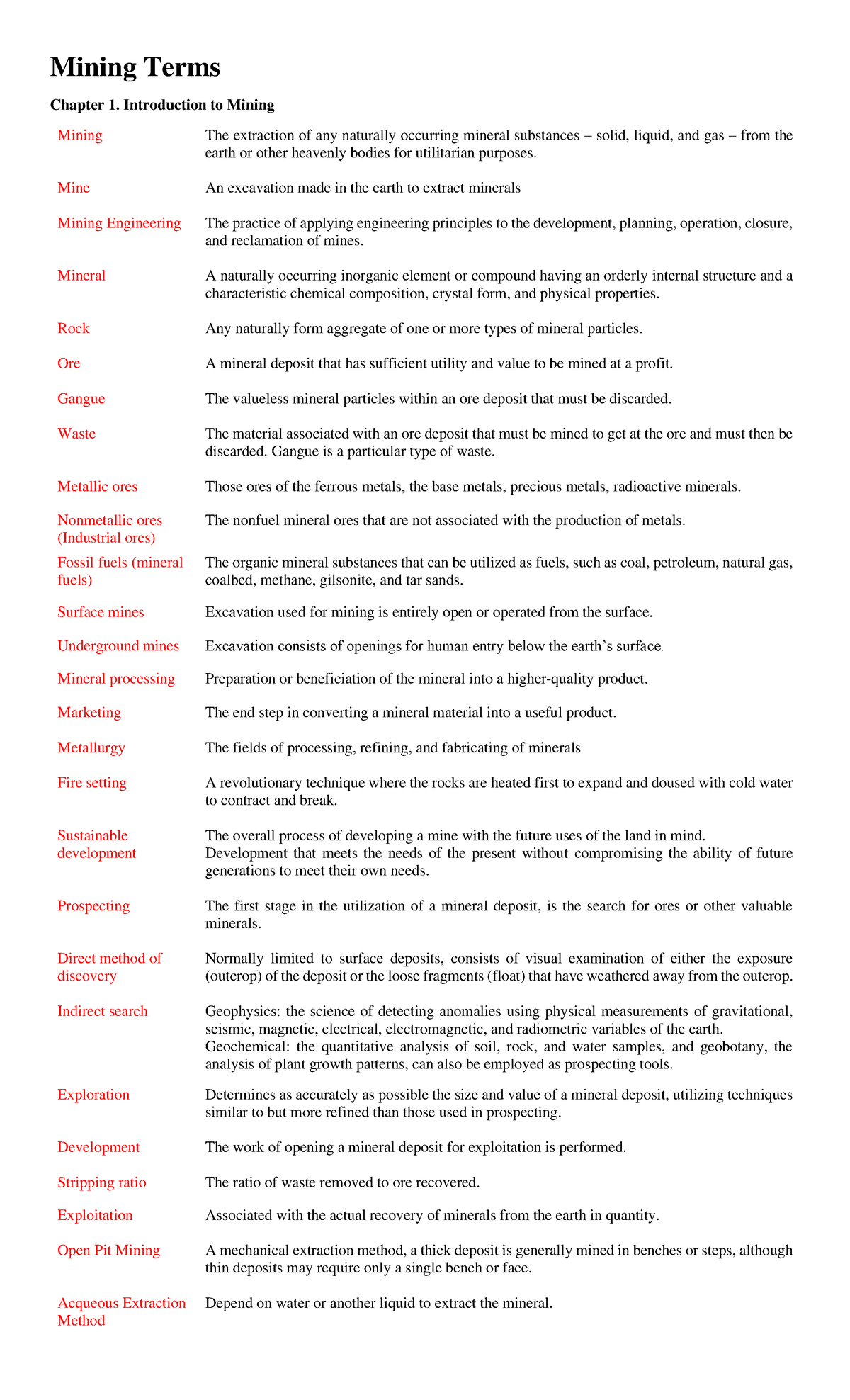 Mining Terms Chapter 1: Introduction to Mining Concepts and Definitions ...