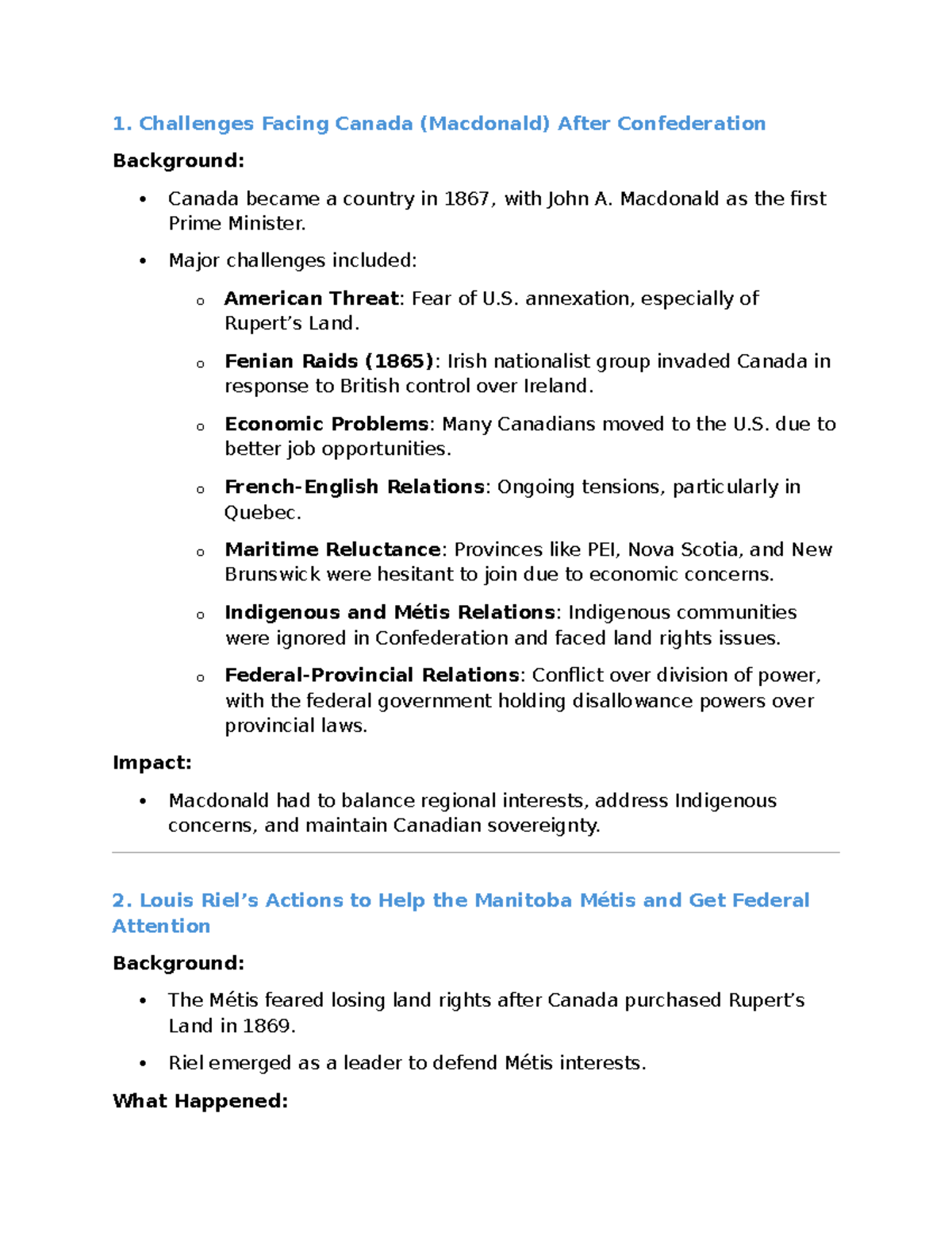 Challenges Facing Canada After Confederation: A Test Review (HIST 101 ...