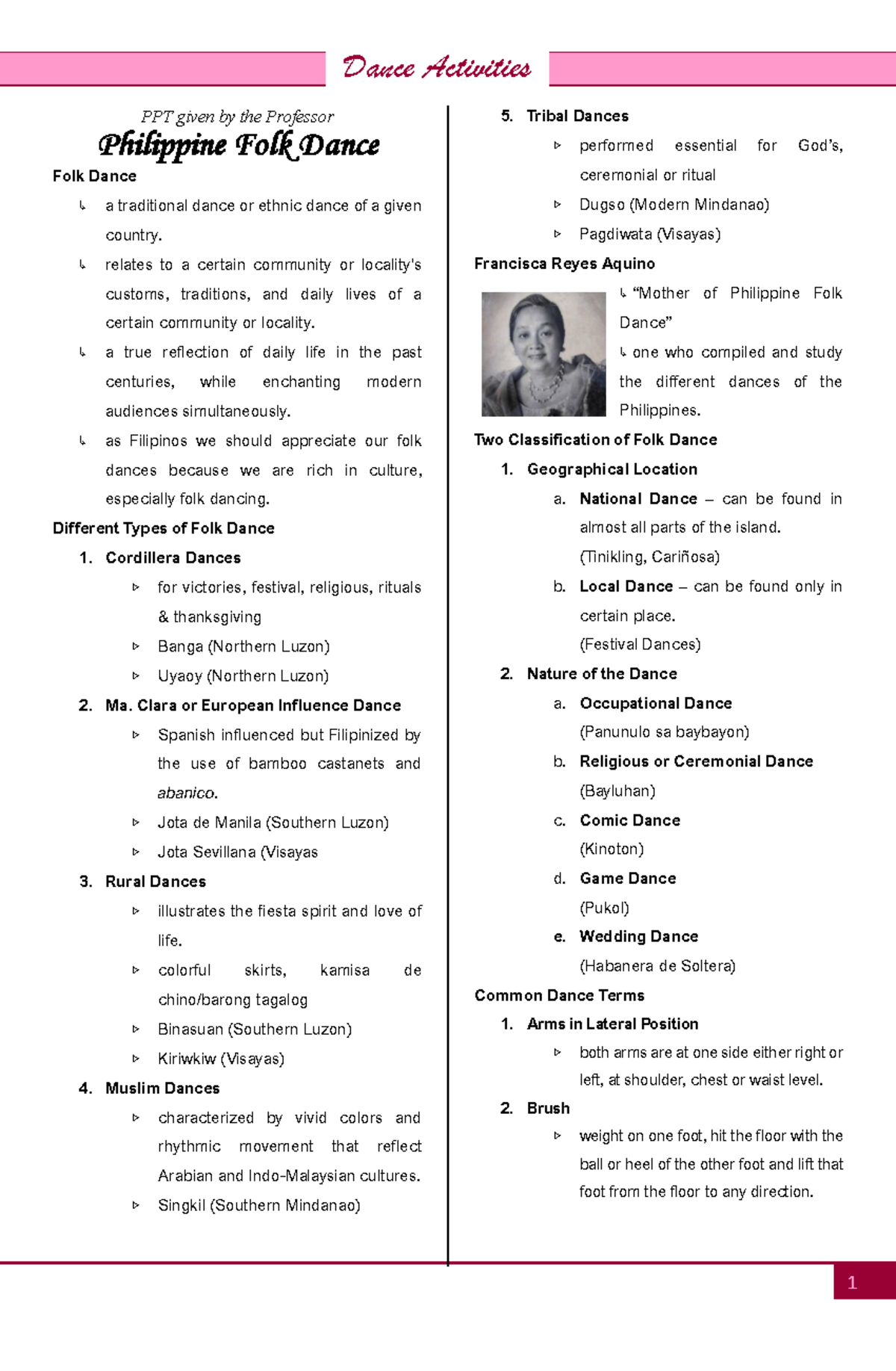 Midterm Reviewer PE - Dance Activities 1 PPT given by the Professor Philippine Folk Dance Folk ...