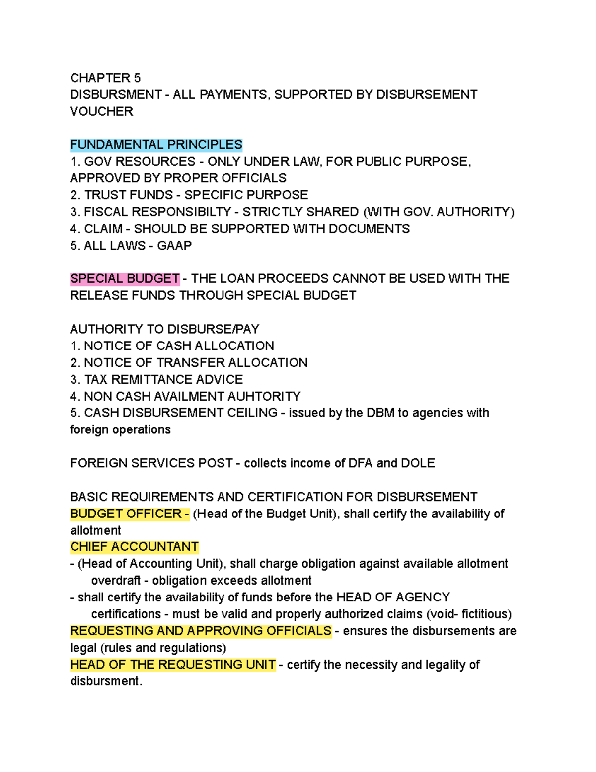 Gov't Acctg - Disbursement Principles & Procedures Summary - Studocu