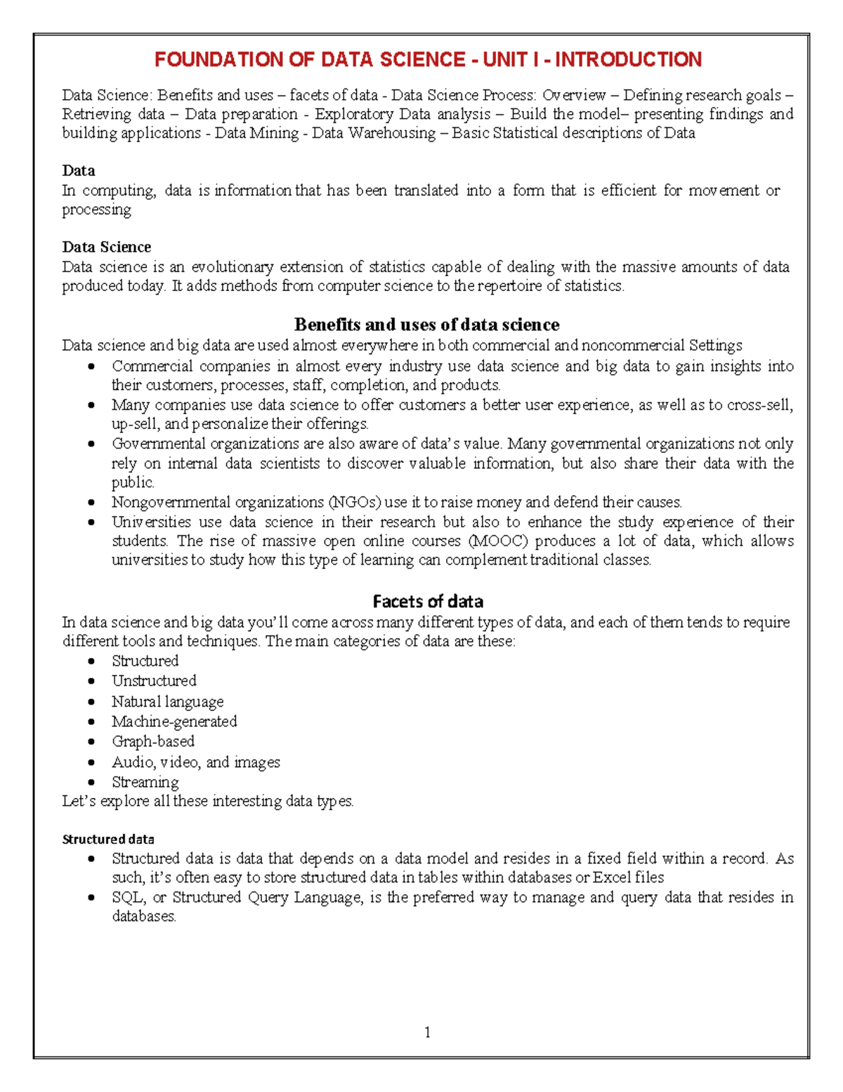 CS3352 FDS UNIT 1 - Introduction to Data Science Concepts and Processes - Studocu