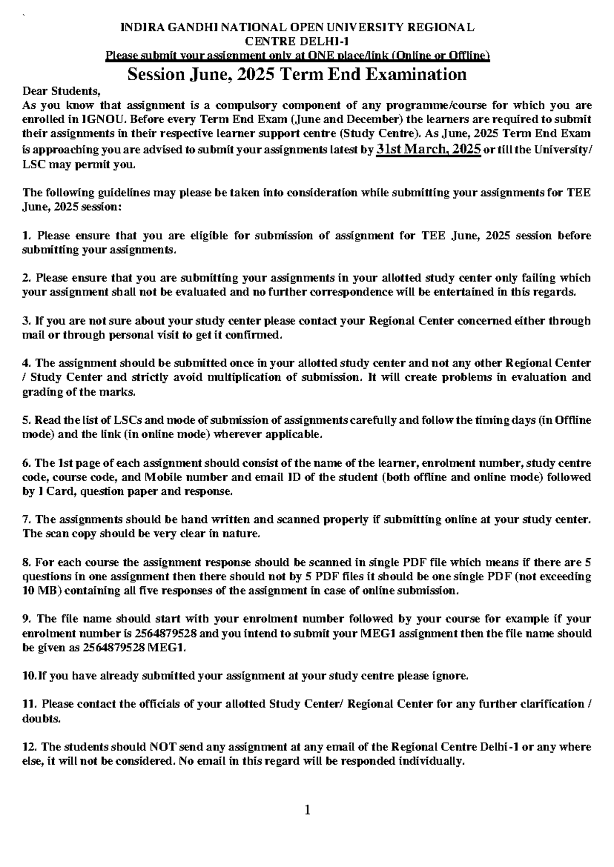 Assignments Submission Guidelines for JUNE-2025 Session (1) - INDIRA ...
