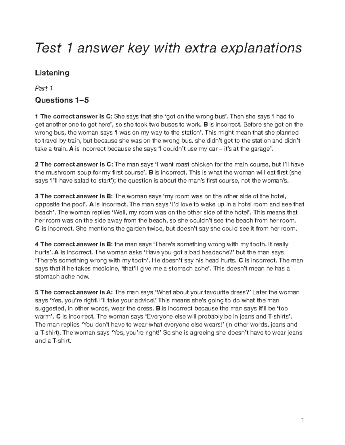 Test 1 Answer Key: Listening Explanations & Corrections - Studocu