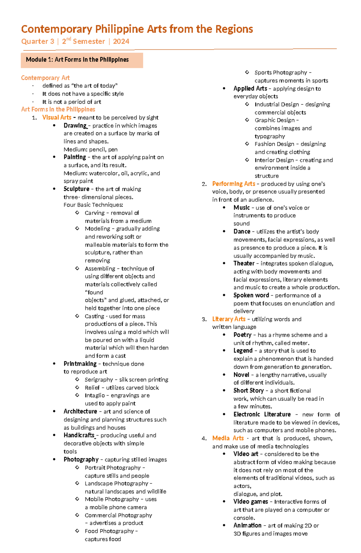 CPAR 2024 Q3 Module 1: Overview of Philippine Art Forms - Studocu