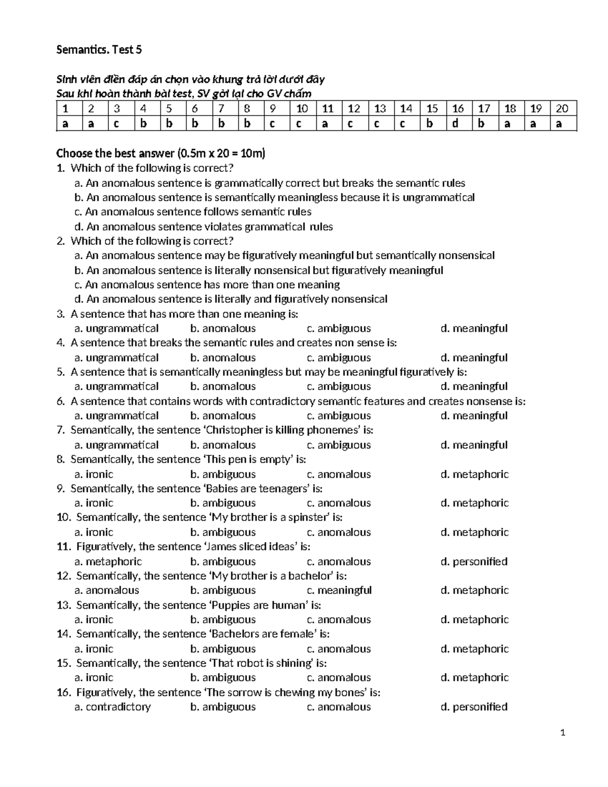 Semantics Test 5 - Exercise on Anomalous Sentences - Studocu