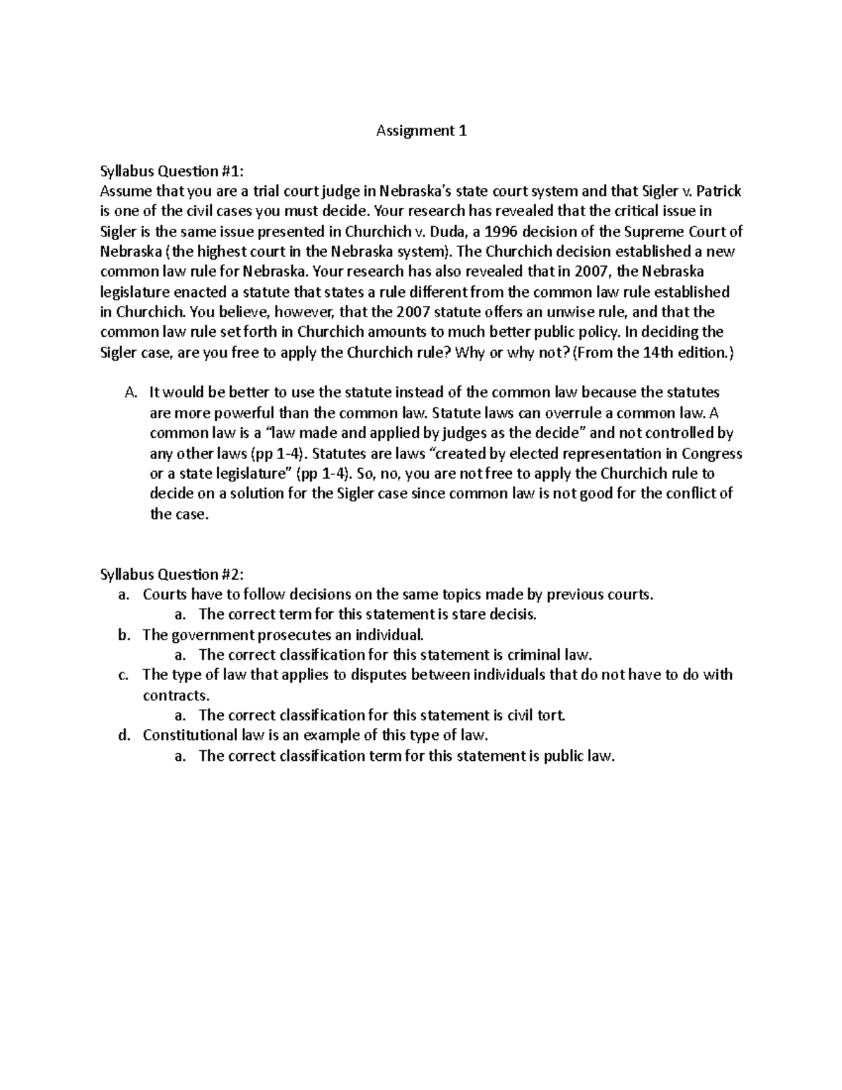 BLAW Assignment #1: Analyzing Sigler v. Patrick Case Decision - Studocu