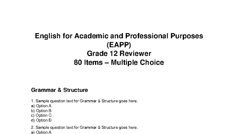 EAPP Grade 12 Reviewer: 80 Multiple Choice Questions on Grammar and ...