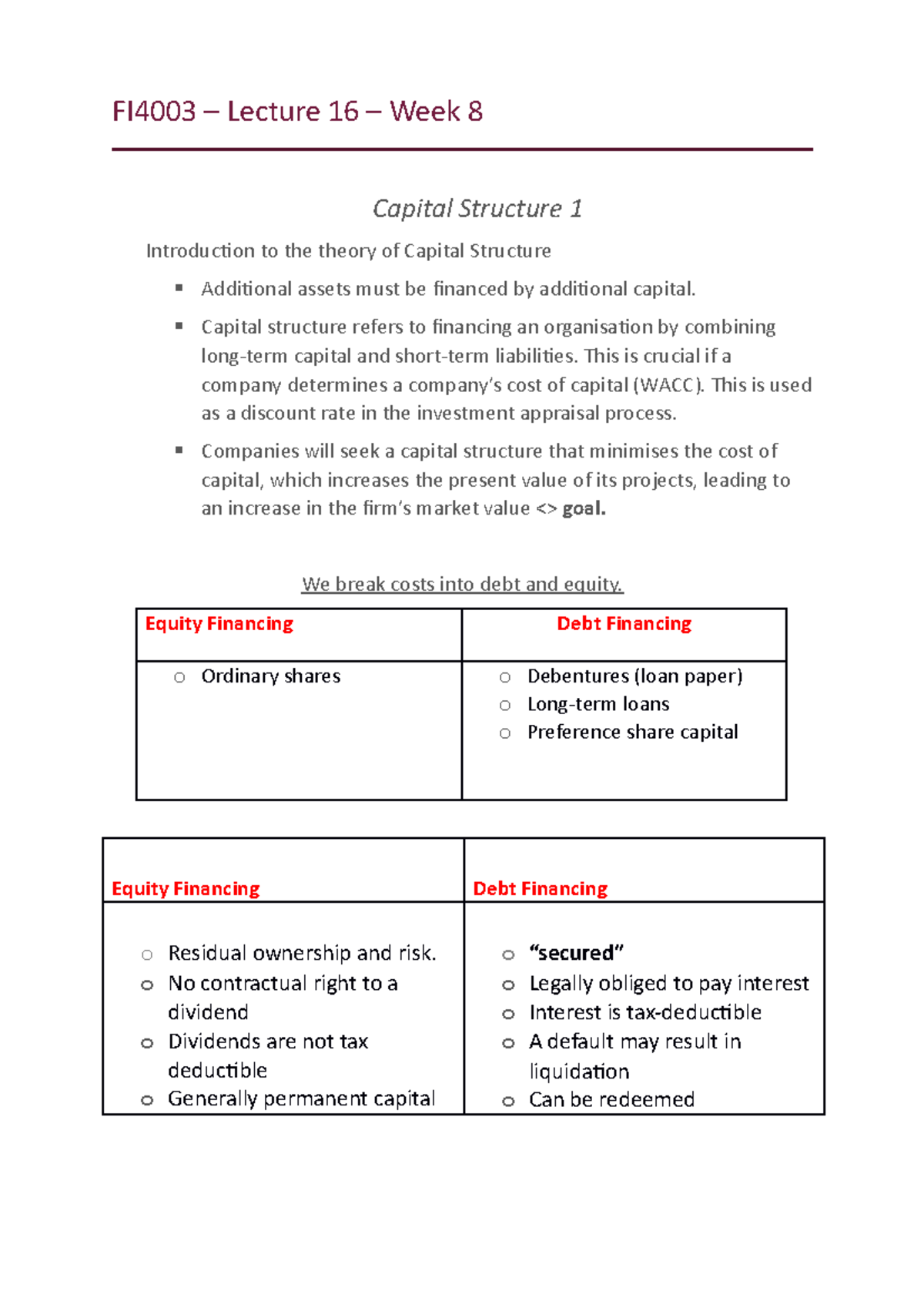 FI4003 - Lecture 16 - Week 8 - FI4003 – Lecture 16 – Week 8 Capital ...
