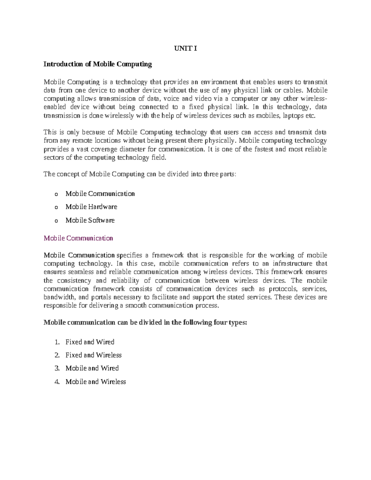 UNIT I: Introduction to Mobile Computing and Its Key Concepts - Studocu
