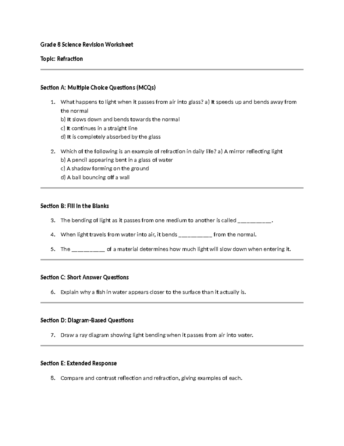 Grade 8 Science Refraction Worksheet - Exam Revision Guide - Studocu