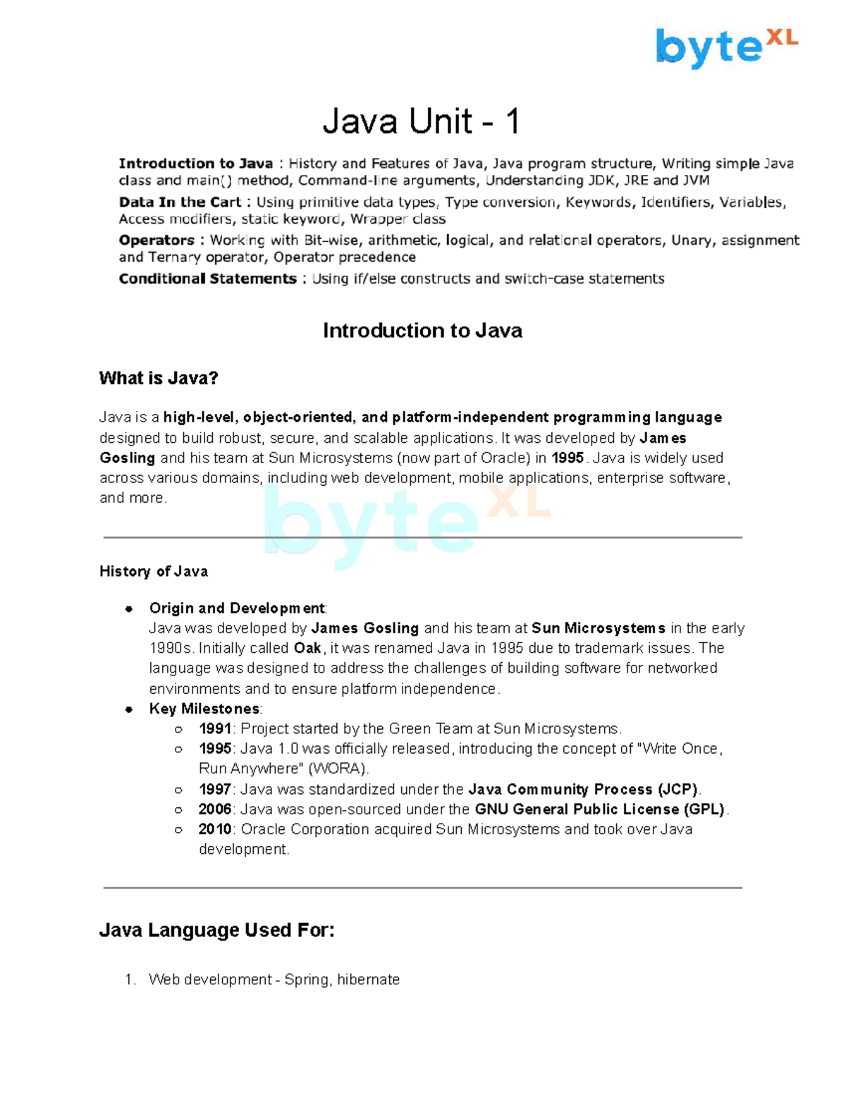 Java Unit 1: Introduction to Java and Its Key Features - Studocu