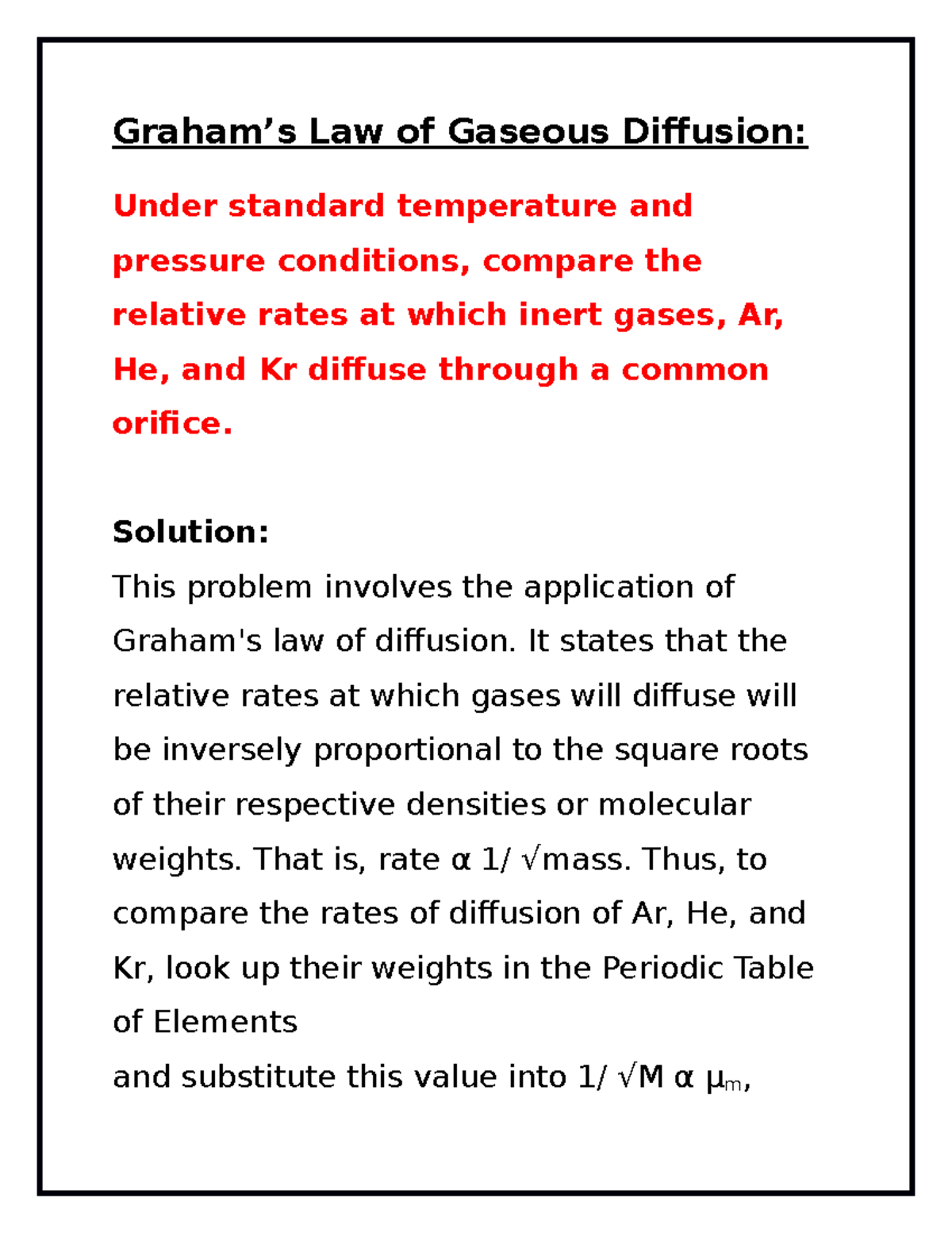 Numericals Based on Graham's Law of Gaseous Diffusion Analysis - Studocu