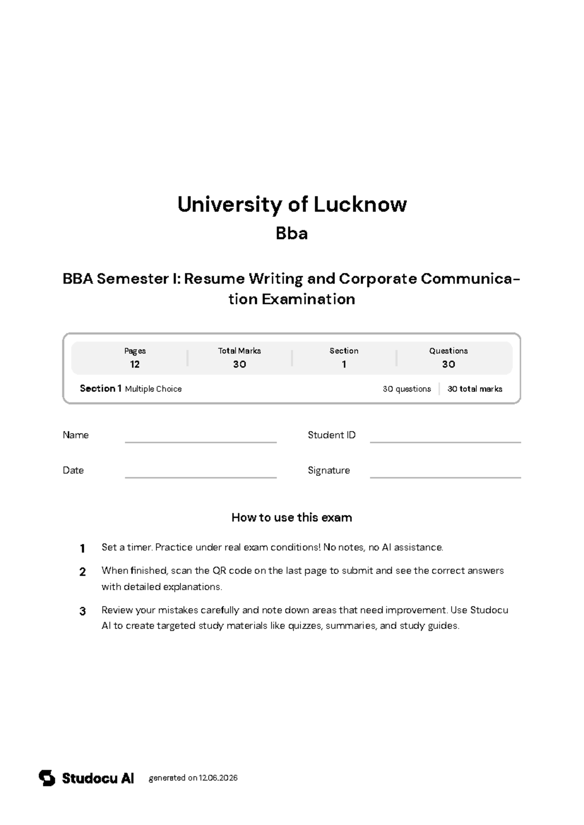 BBA Semester I: Resume Writing & Corporate Communication Exam - Studocu